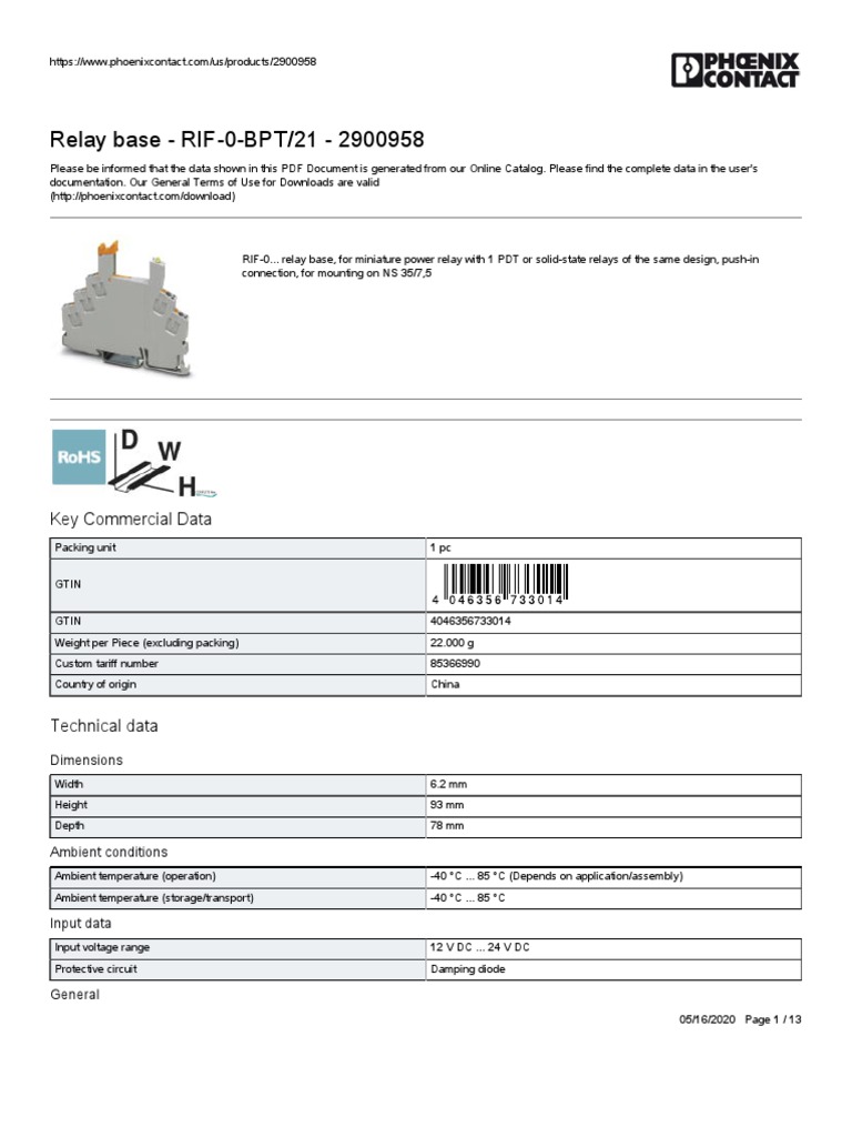 Base de Rele Phoenix Contact 2900958 PDF | Download Free PDF | Relay ...