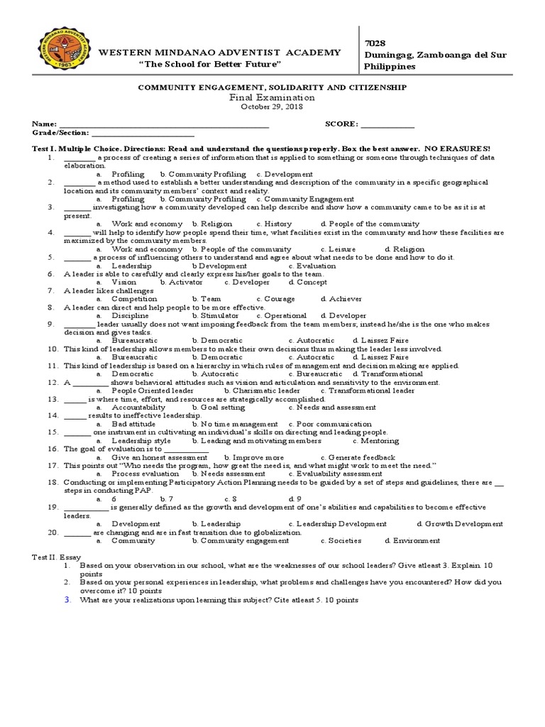 Community Engagement Exam Guide | PDF | Leadership | Test (Assessment)