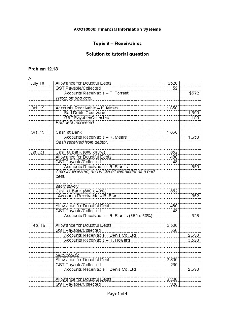 Topic 8 Tutorial Solution | PDF | Bad Debt | Debits And Credits