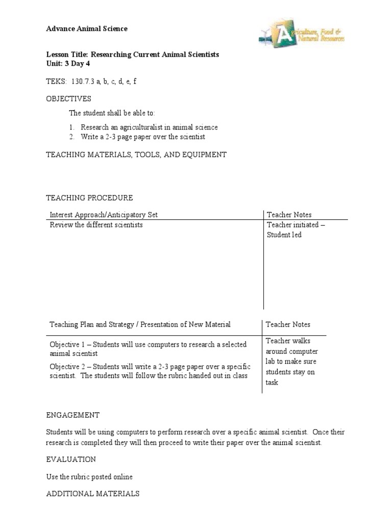 Advance Animal Science Lesson Title: Researching Current Animal ...