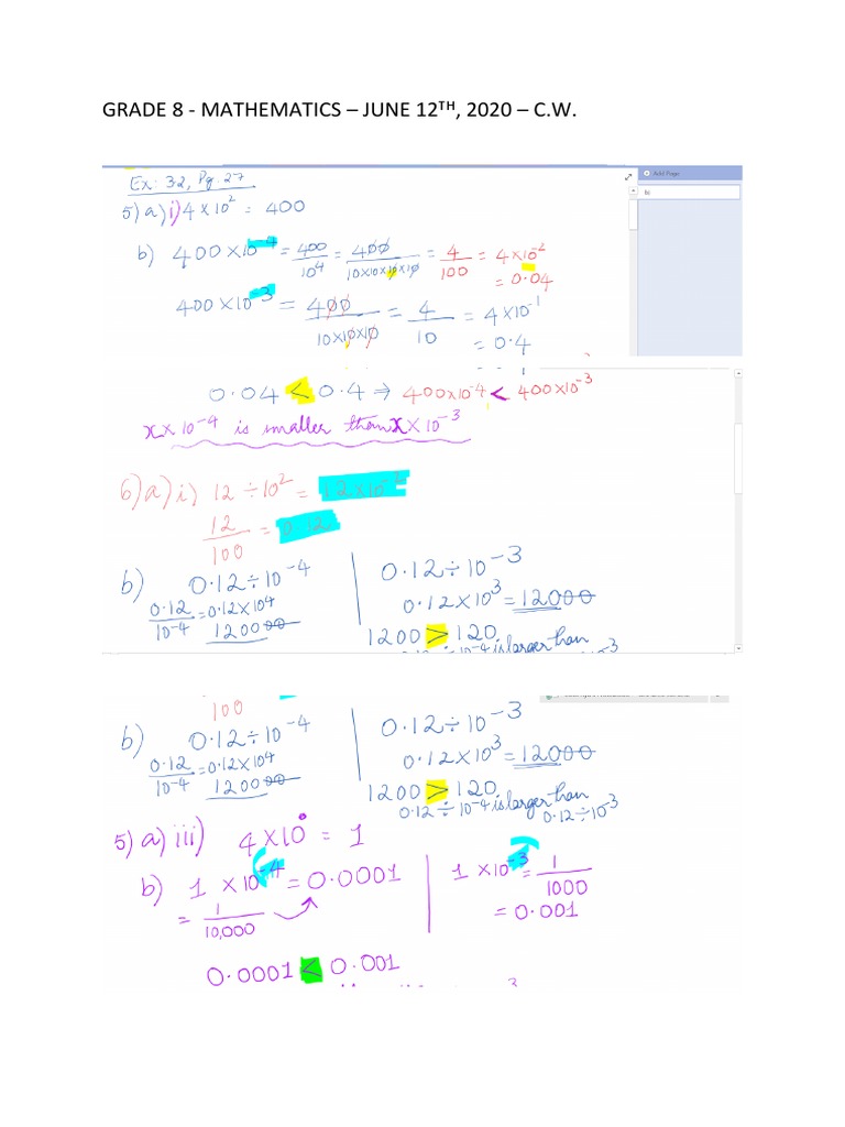 Grade 8 - Mathematics - June 12, 2020 - C.W | PDF