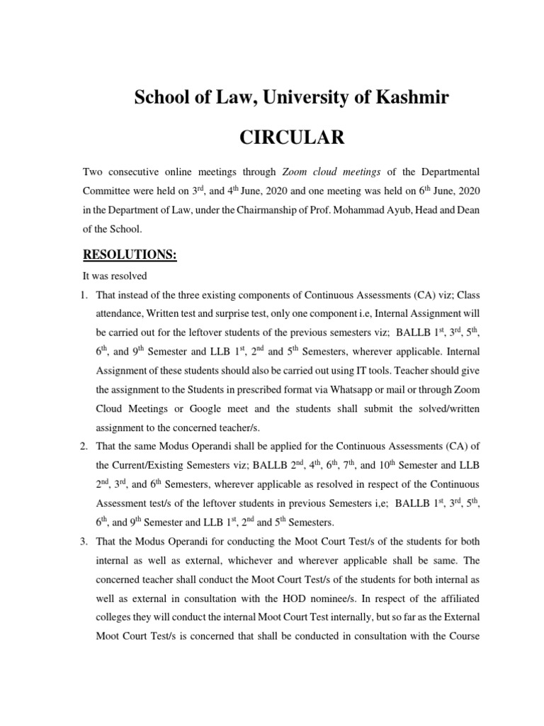 School of Law, University of Kashmir Circular: Resolutions | PDF ...