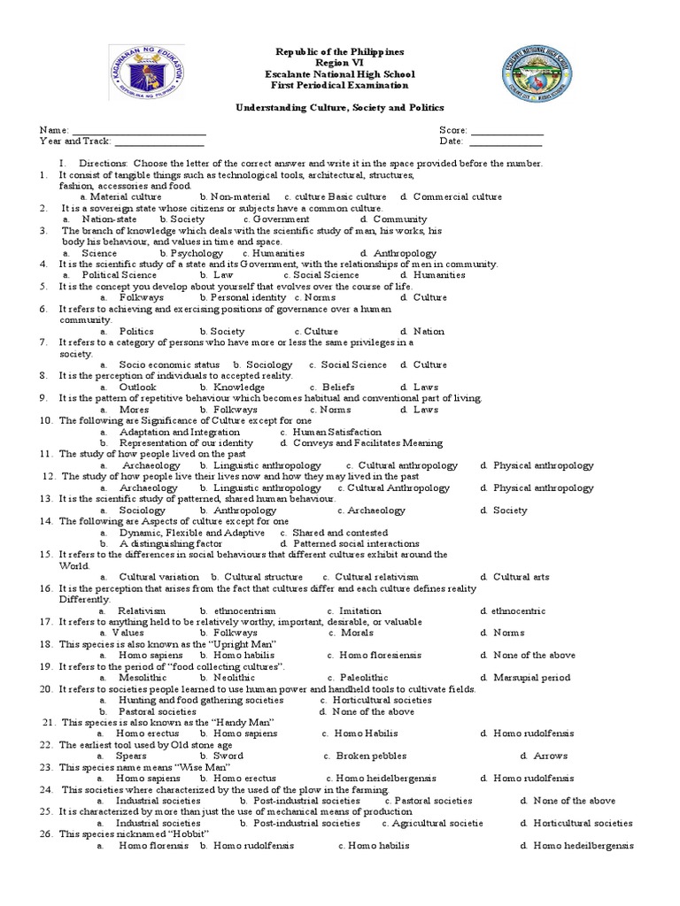 1st Quarter Exam in Ucsp Sample | PDF | Homo | Socialization