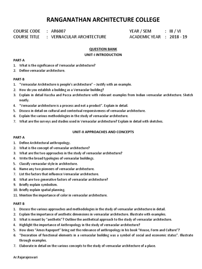 Vernacular Architecture Question Bank | PDF | Art Media | Economic Sectors