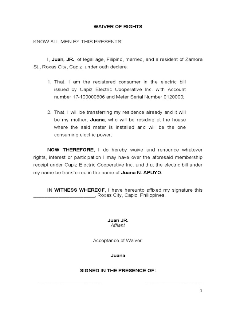WAIVER OF RIGHTS For Electric Bill | PDF