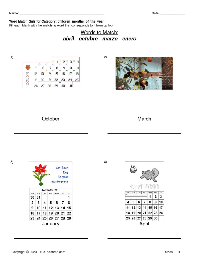 Children Months of The Year-Kids Word Match