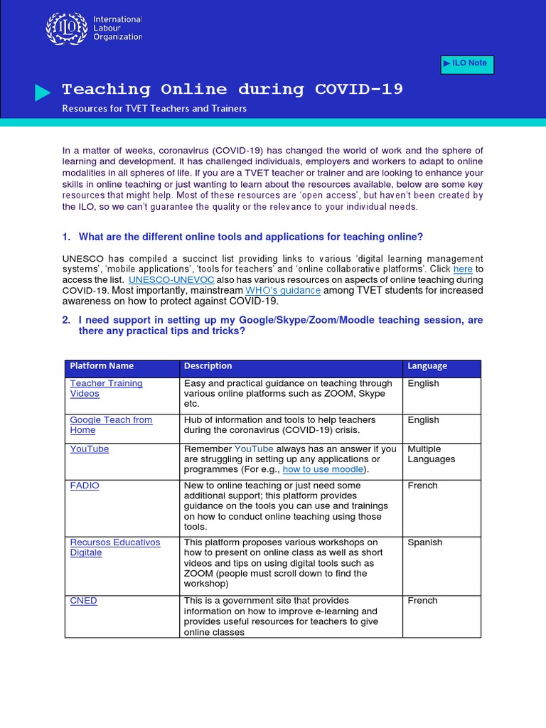 Resources for TVET Teachers and Trainers to Enhance Online Teaching ...
