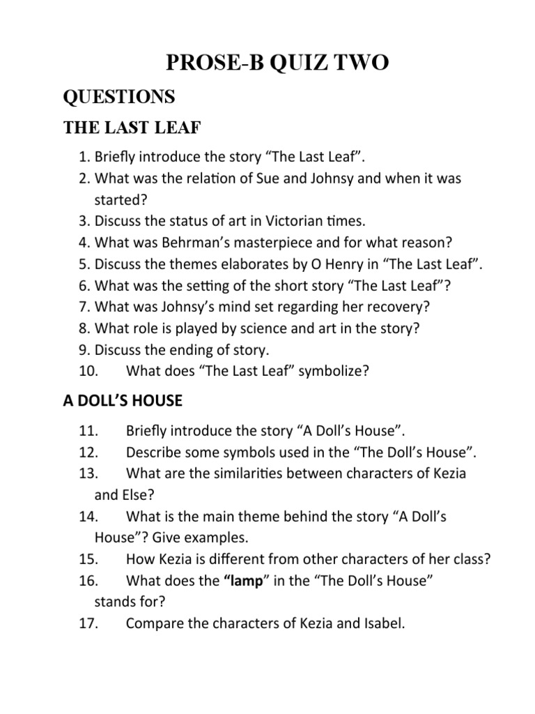 Prose-B Quiz Two: Questions | PDF | Social Science | General Fiction