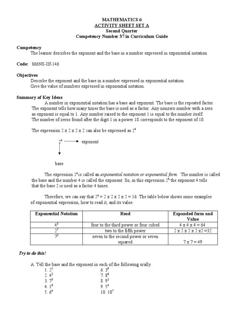 Mathematics 6 Activity Sheet Set A Second Quarter Competency Number 37 ...