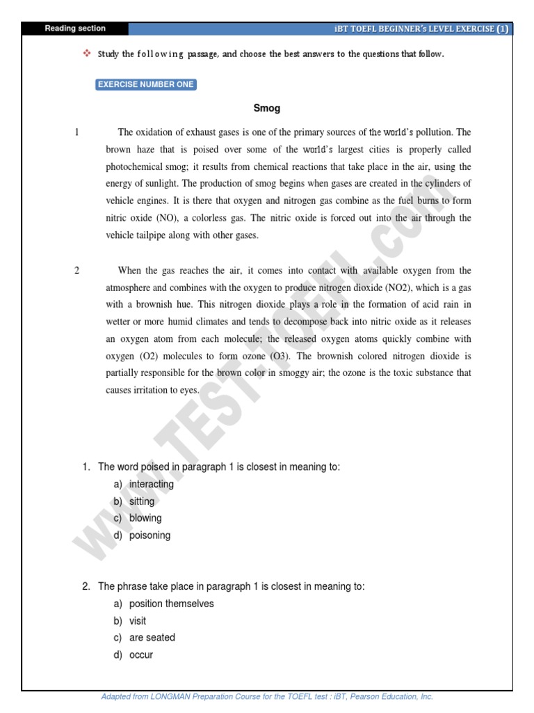 Toefl Reading Practice b1 | PDF | Smog | Nitrogen Dioxide