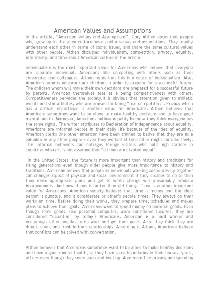 An Analysis of Key American Cultural Values and Assumptions Through a ...