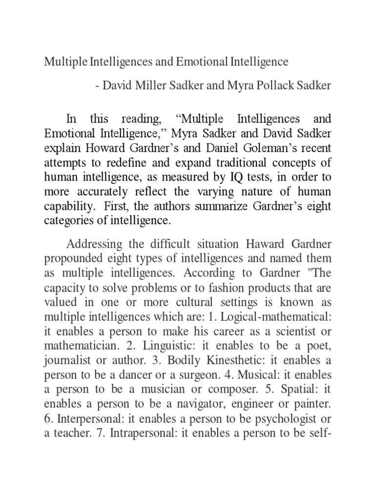 Multiple Intelligences and Emotional Intelligence | PDF ...