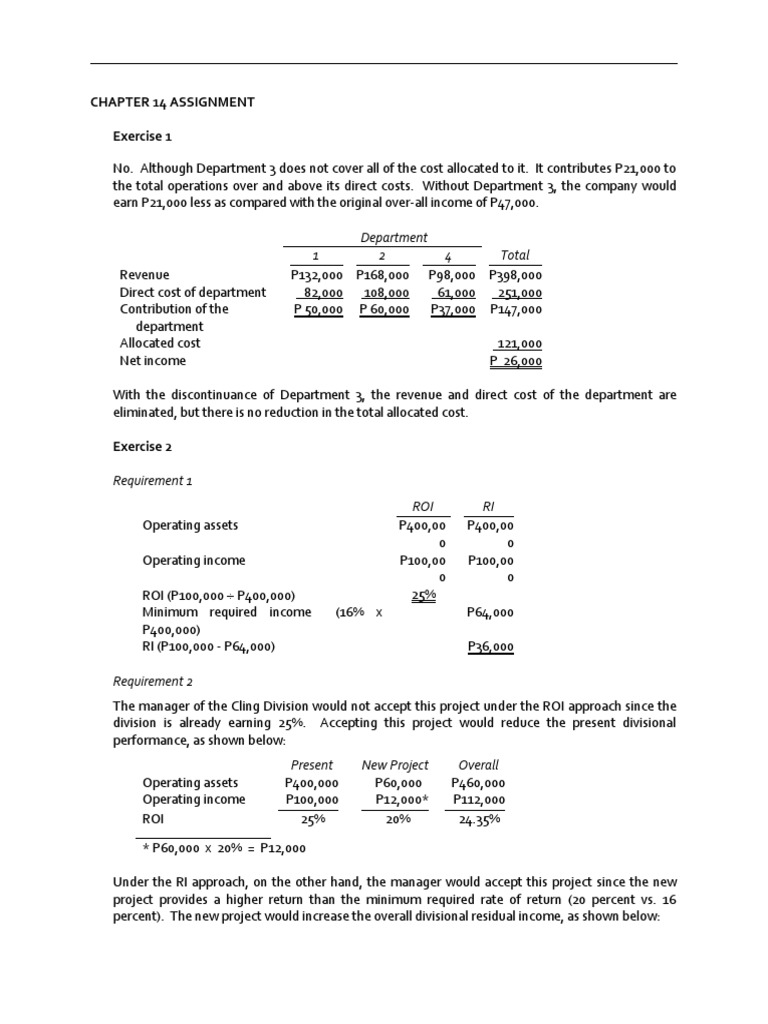Chapter 14 Assignment Exercise 1: Department 1 2 4 Total | PDF | Return On Investment | Profit ...