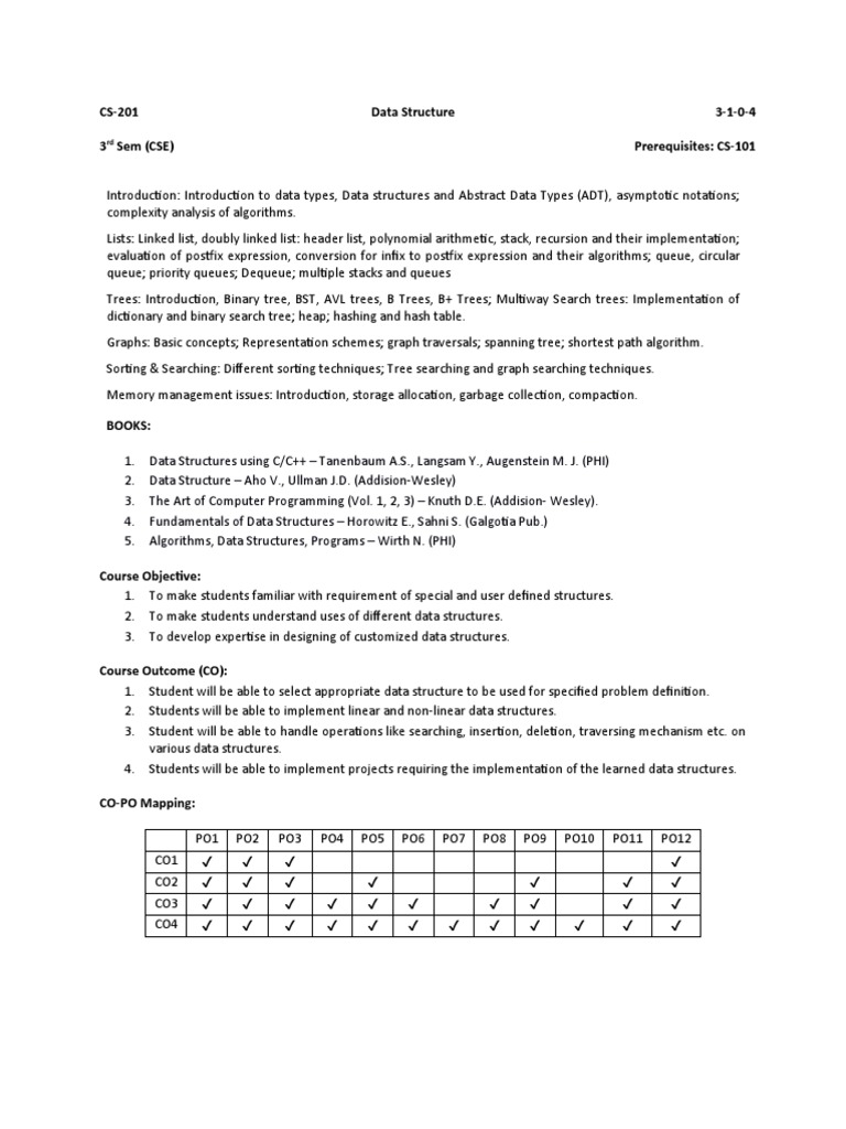 CS-201 Data Structure 3-1-0-4 3 Sem (CSE) Prerequisites: CS-101 | PDF ...