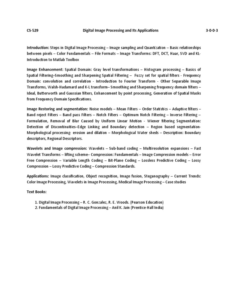 Digital Image Processing and Its Applications Syllabus | PDF