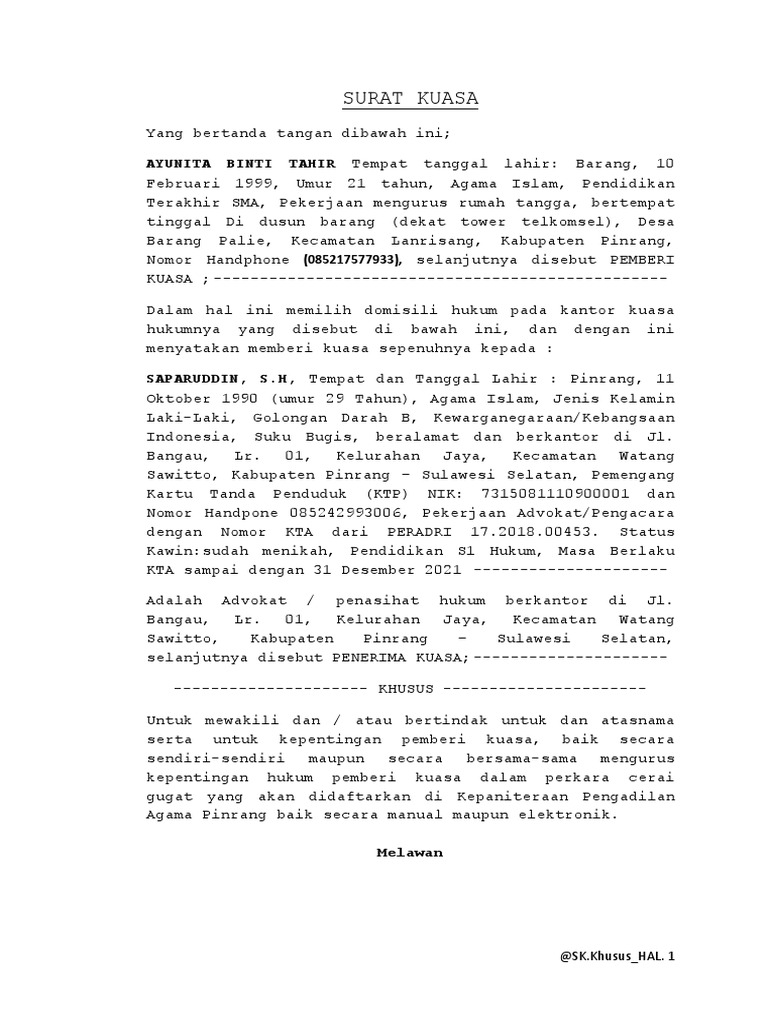 Contoh Surat Kuasa Cerai Gugat | PDF