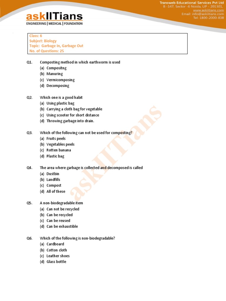Biology Class Assessment: A 25 Question Quiz on Proper Waste Management ...