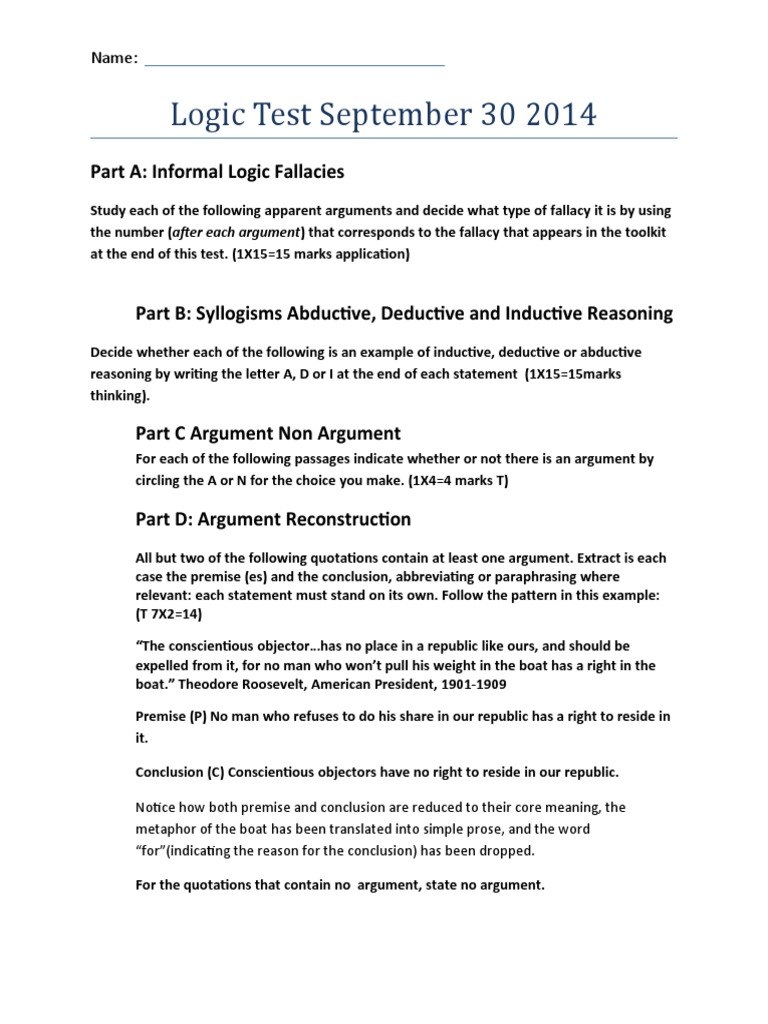 Logic Test September 30 2014: Part A: Informal Logic Fallacies | PDF