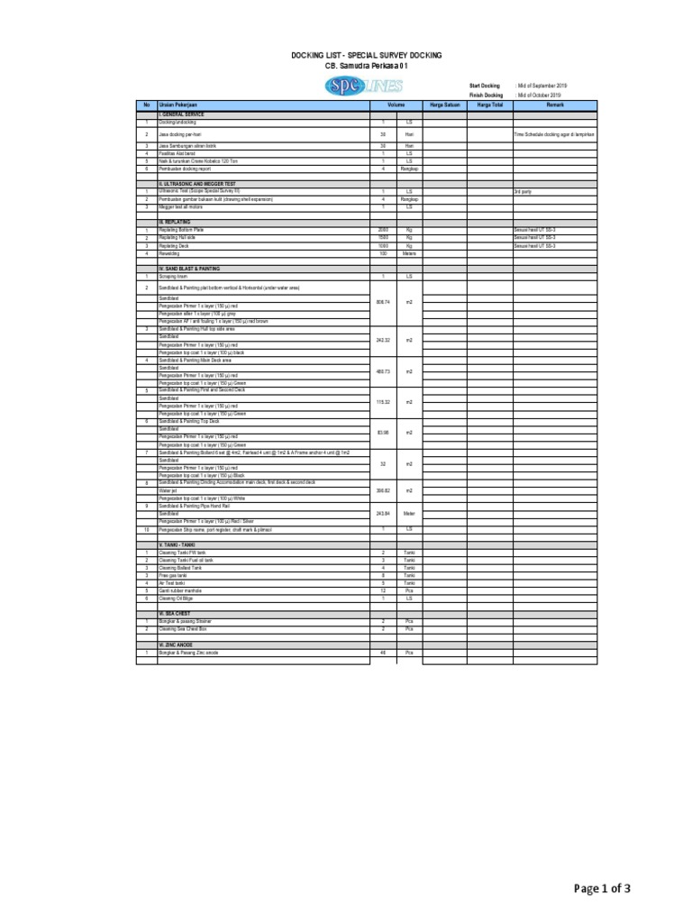 Docking List - Special Survey Docking for CB. Samudra Perkasa 01 | PDF ...