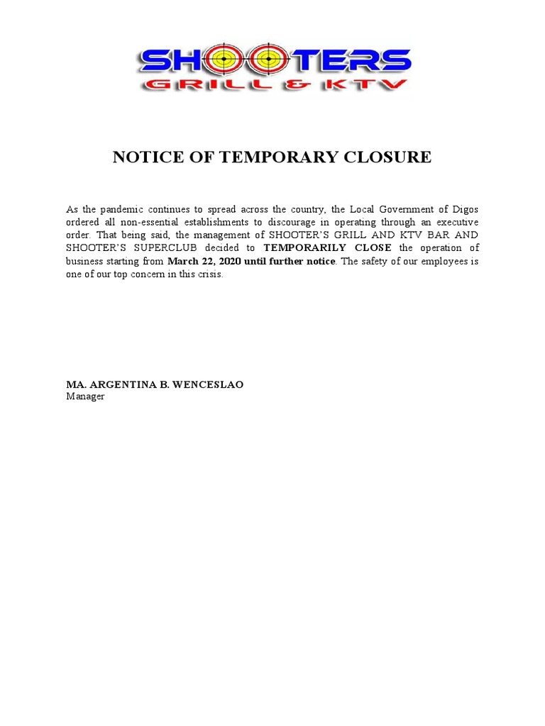 Notice of Temporary Closure: Ma. Argentina B. Wenceslao | PDF | Finance ...