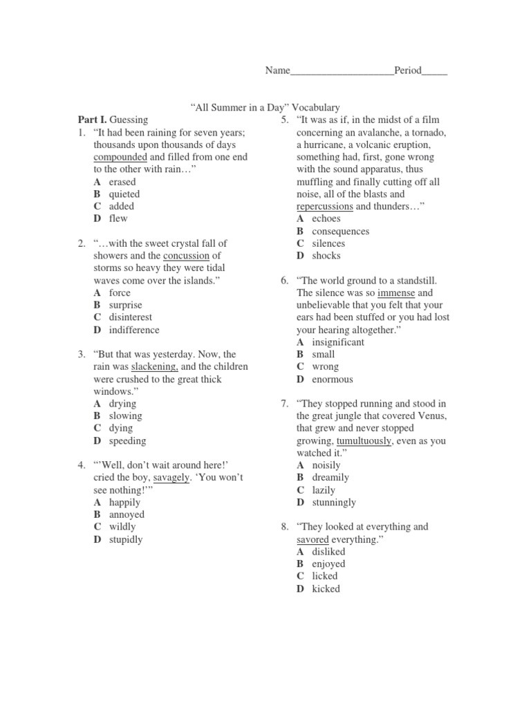 All Summer in A Day Worksheet | PDF | Nature