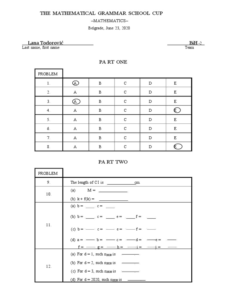The Mathematical Grammar School Cup: - Mathematics | PDF