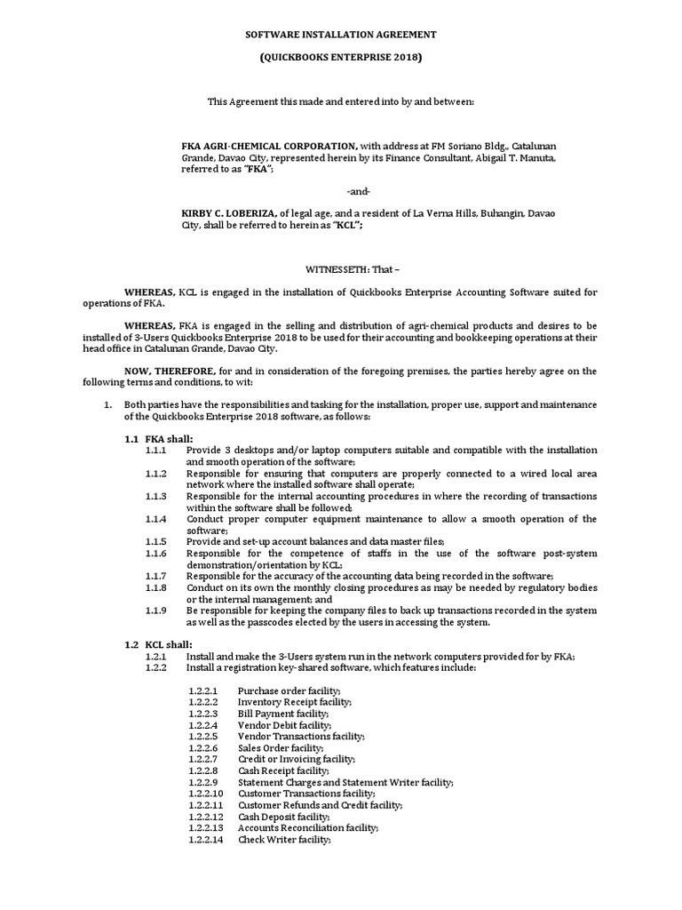 Fka Quickbooks Installation Agreement | PDF | Receipt | Financial ...