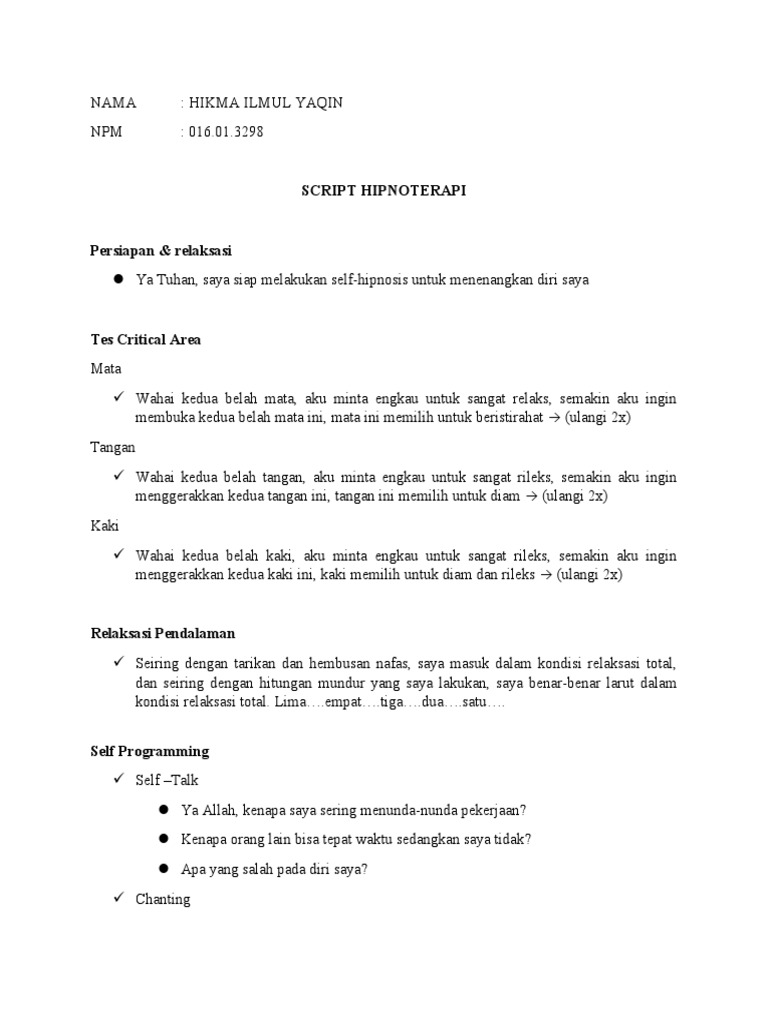 Script Hipnoterapi (Hikma Ilmul Yaqin) | PDF | Karier & Perkembangan | Kesehatan Holistik
