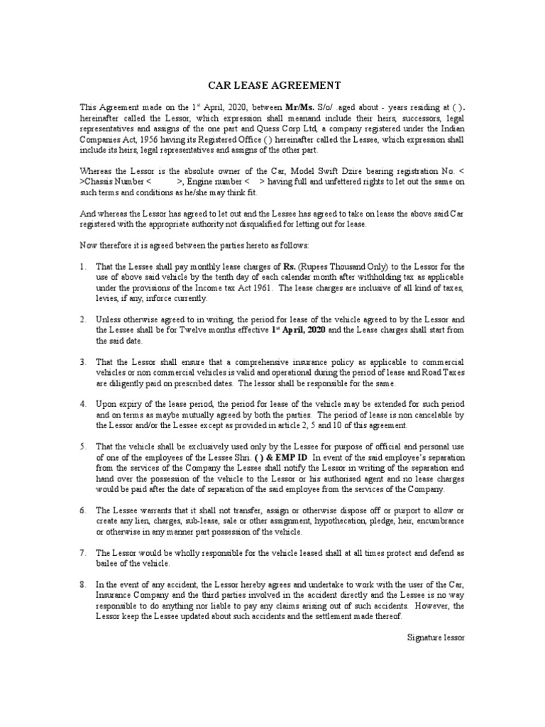 Car Lease Agreement Format - FY 2020 - 21 | PDF | Lease | Civil Law ...