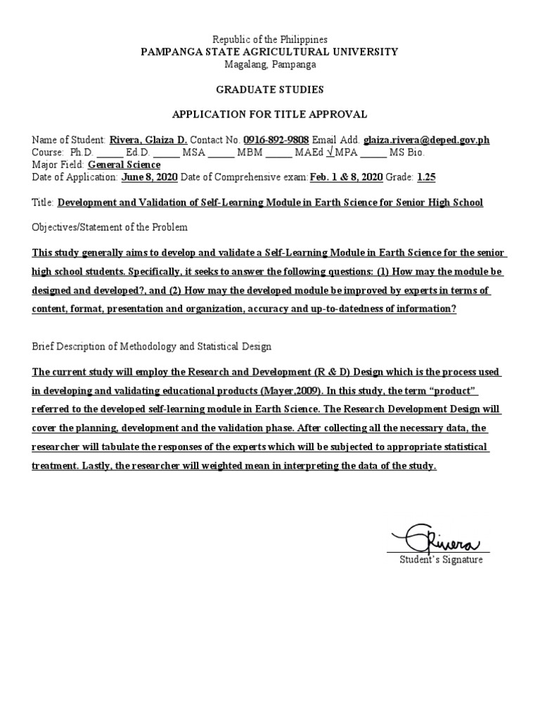 Application For Title Approval - Glaiza D. Rivera | PDF | Thesis ...