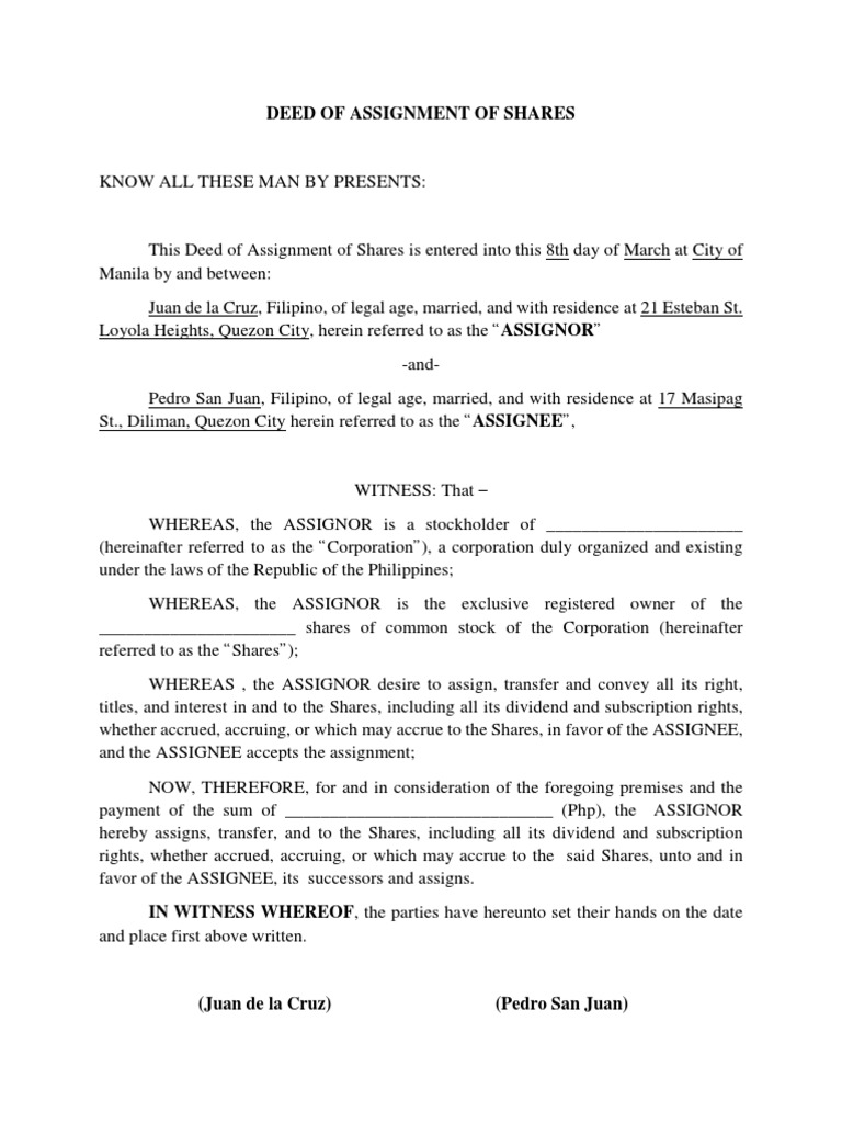 Deed of Assignment of Shares | PDF | Assignment (Law) | Property