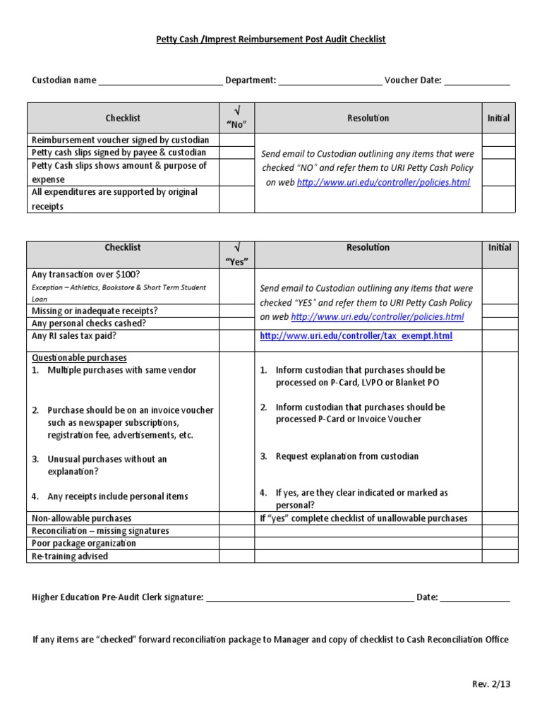 Petty Cash /imprest Reimbursement Post Audit Checklist | PDF | Voucher ...