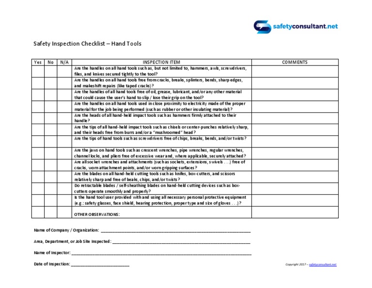 Safety Inspection Checklist Hand Tools PDF | PDF | Tools | Equipment