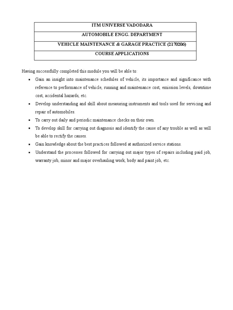 Itm Universe Vadodara Automobile Engg. Department Vehicle Maintenance ...