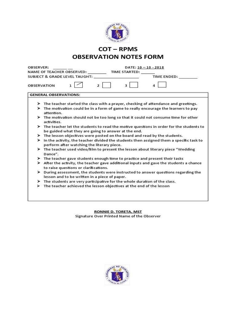 Observation-Notes Sample Form | PDF | Motivation | Motivational