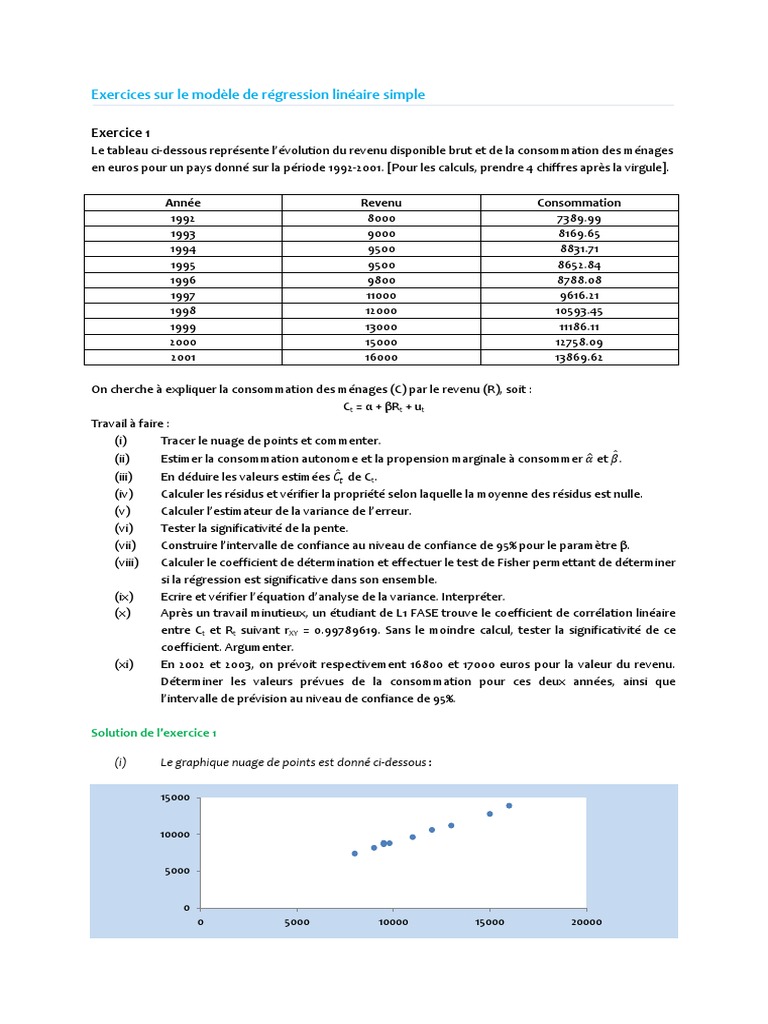 Exercices de régression linéaire simple | PDF | Régression linéaire ...