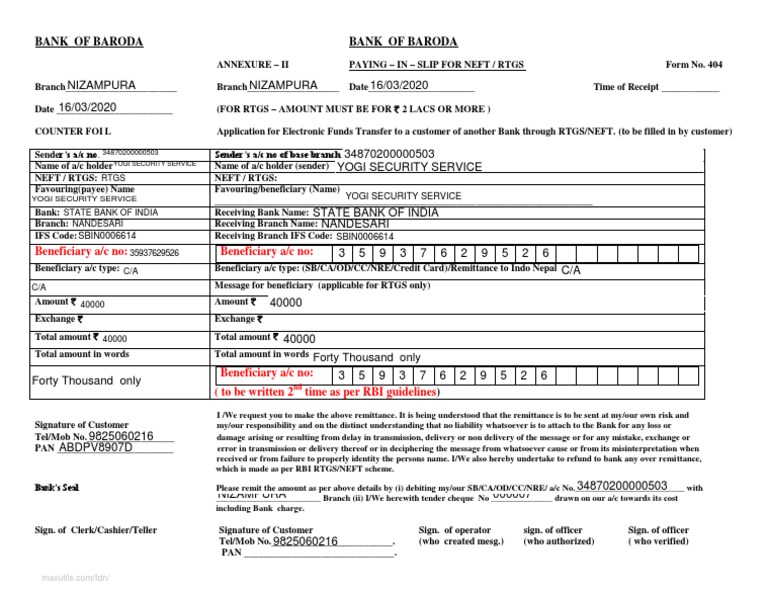 Bank of Baroda NEFT/RTGS Form Sample | PDF | Service Industries ...