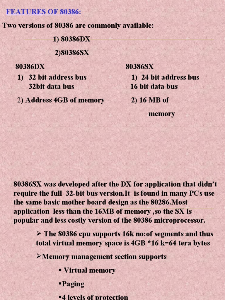 FEATURES OF 80386:: 2) Address 4GB of Memory 2) 16 MB of | PDF ...