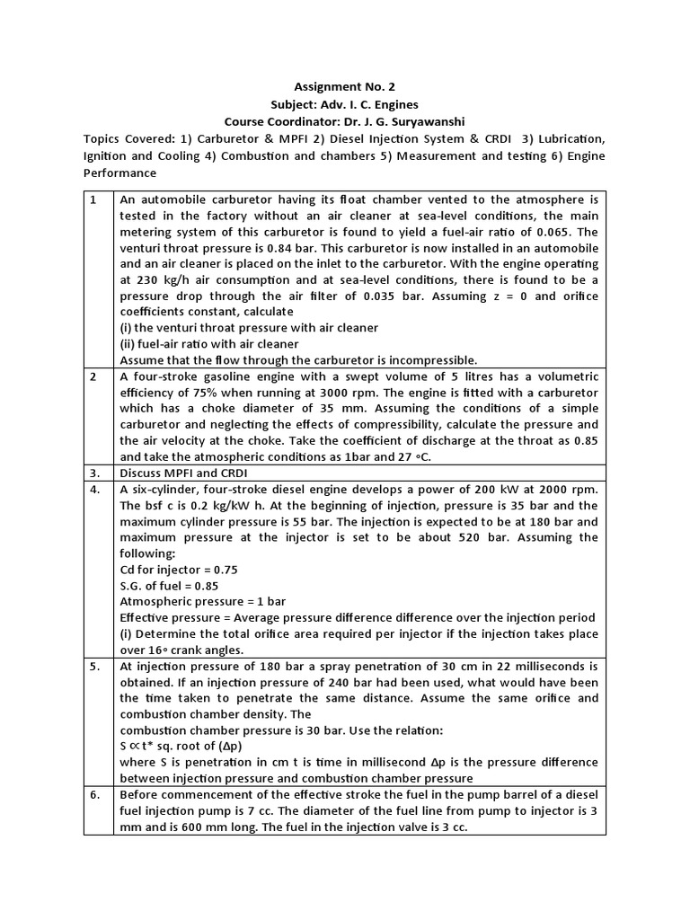 Adv. I.C. Engines Assignment Topics | PDF | Diesel Engine | Fuel Injection
