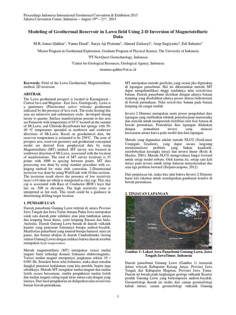 Modeling of Geothermal Reservoir in Lawu Field Using 2-D Inversion of ... Modeling of Geothermal Reservoir in Lawu Field Using 2-D Inversion of ...