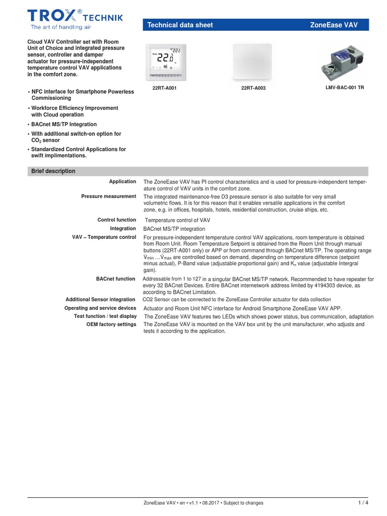 Technical Data Sheet Zoneease Vav: Brief Description | PDF | Actuator ...
