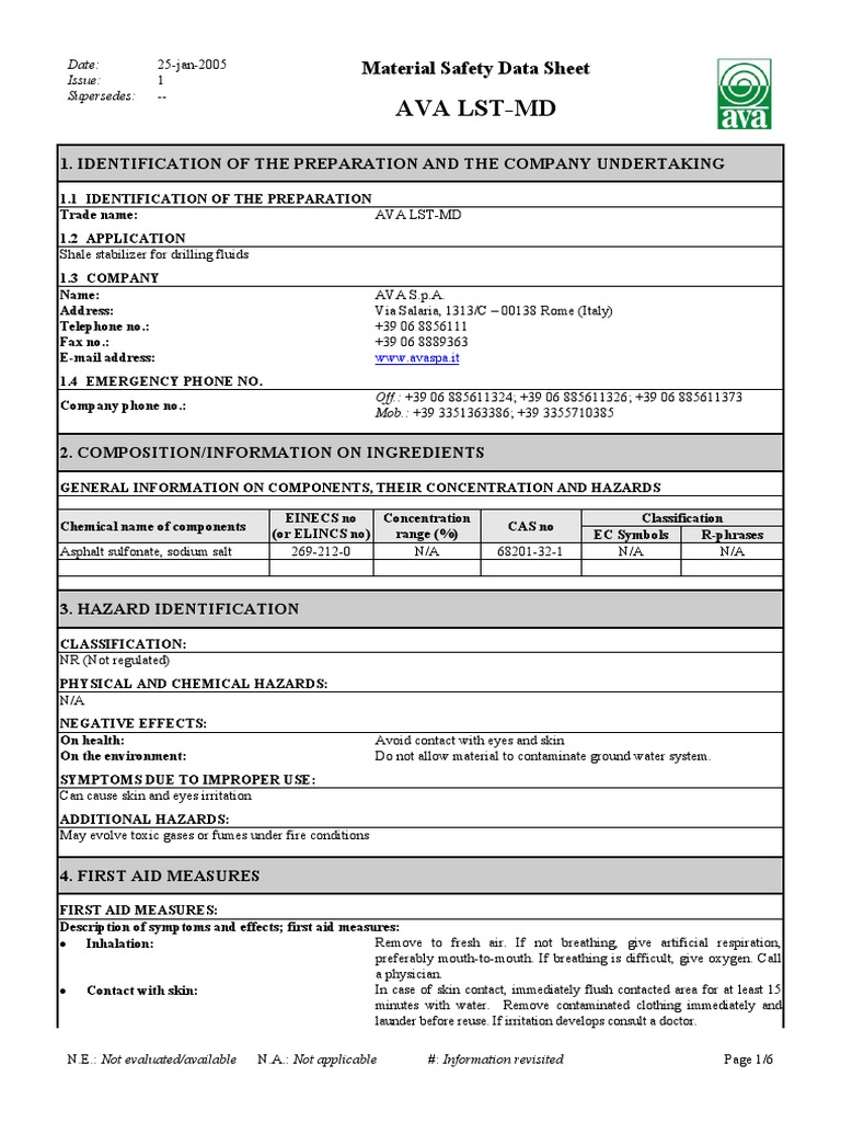 MATERIAL SAFETY AVA LST-MD Msds Eng | PDF | Occupational Safety And ...