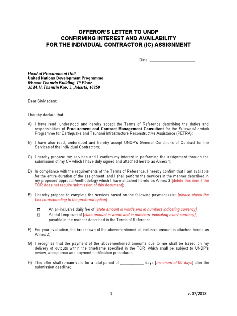 Offeror'S Letter To Undp Confirming Interest and Availability For The ...