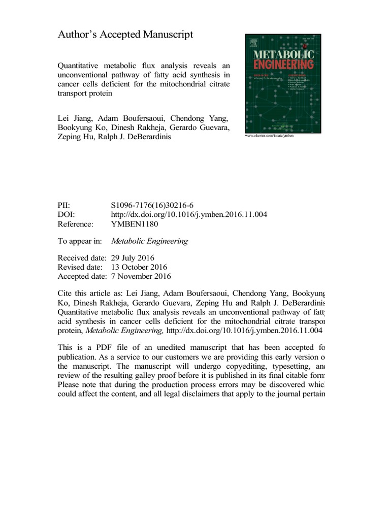 Author's Accepted Manuscript: Metabolic Engineering | PDF | Citric Acid ...