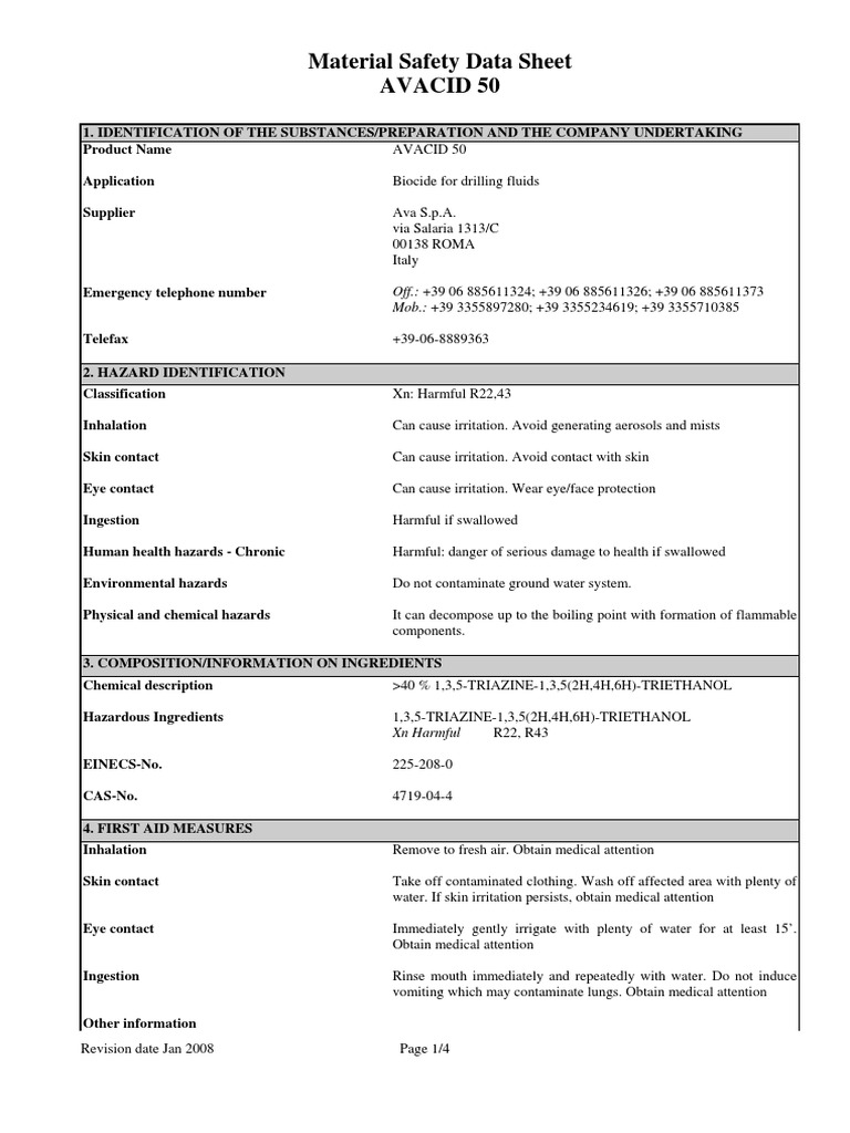 AVACID 50 MSDS: Biocide Safety Info | PDF | Personal Protective ...
