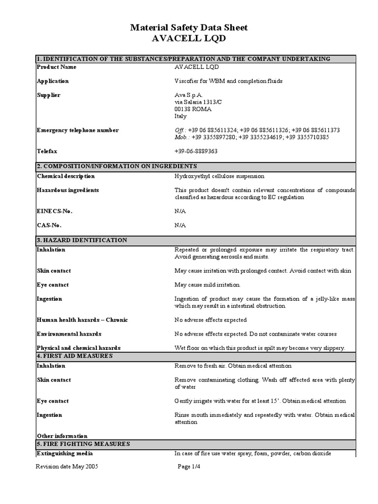 Material Safety Avacell LQD | PDF | Biodegradation | Toxicity