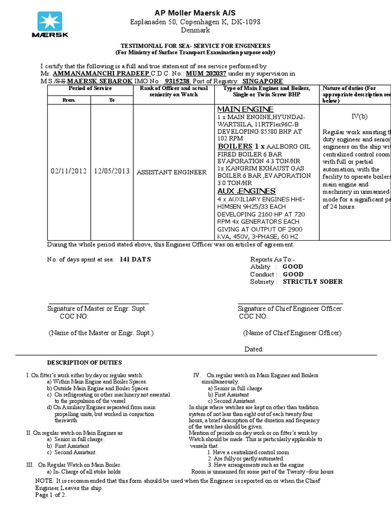 New Sea Service Testimonial Praddep Ammanamanchi-3-1 | PDF | Marine ...