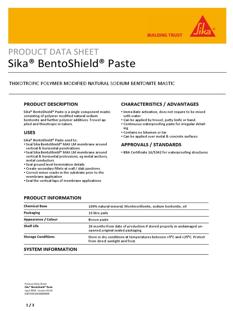 Sika® Bentoshield® Paste: Product Data Sheet | PDF | Water | Materials