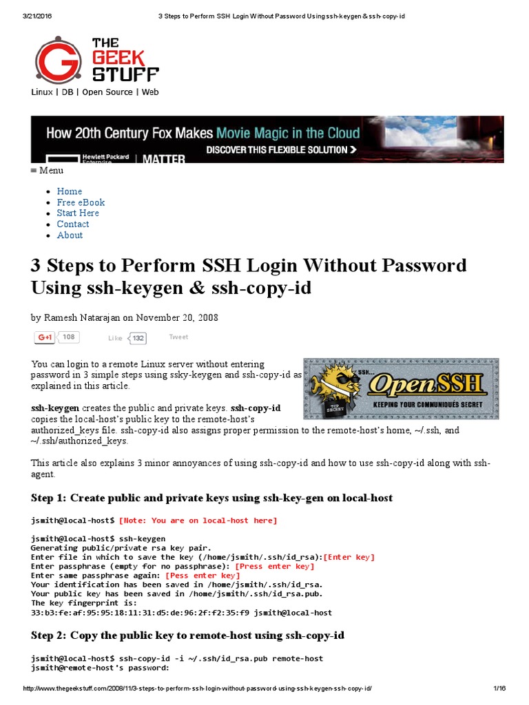 3 Steps To Perform Ssh Login Without Password Using Ssh Keygen And Ssh Copy Id Pdf Pdf Secure