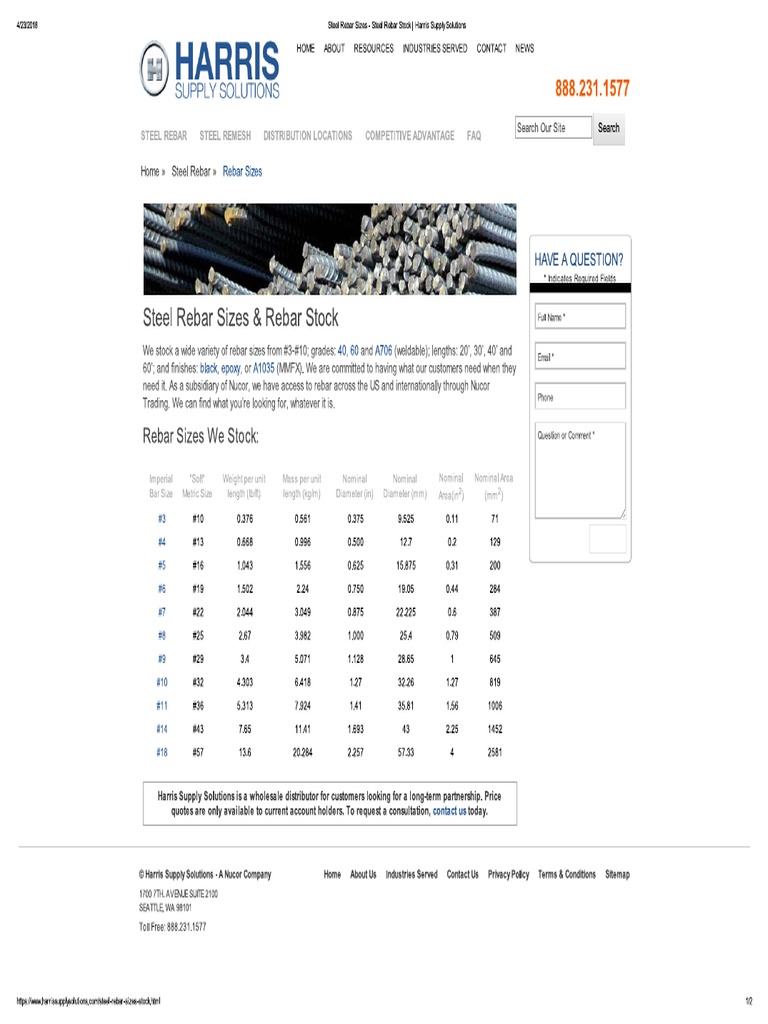 Steel Rebar Sizes - Steel Rebar Stock - Harris Supply Solutions | PDF